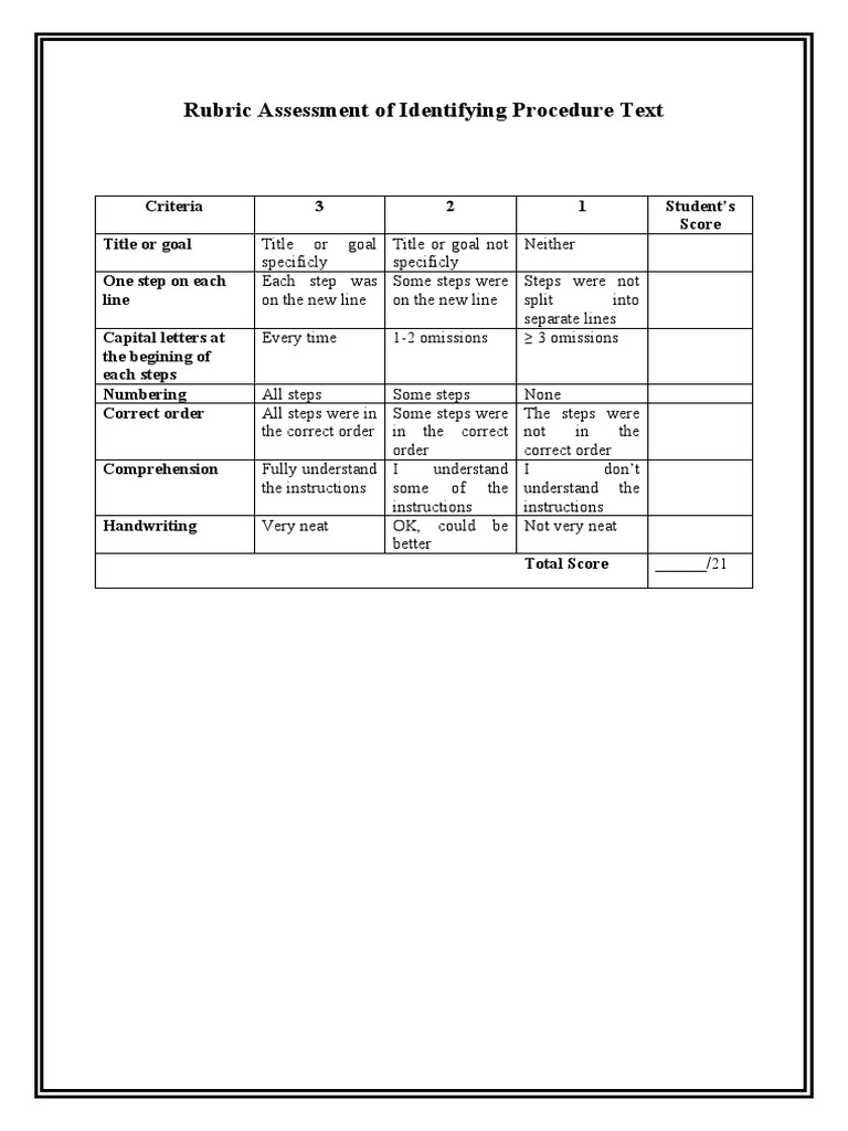 Procedure Text Assessment Rubric | PDF