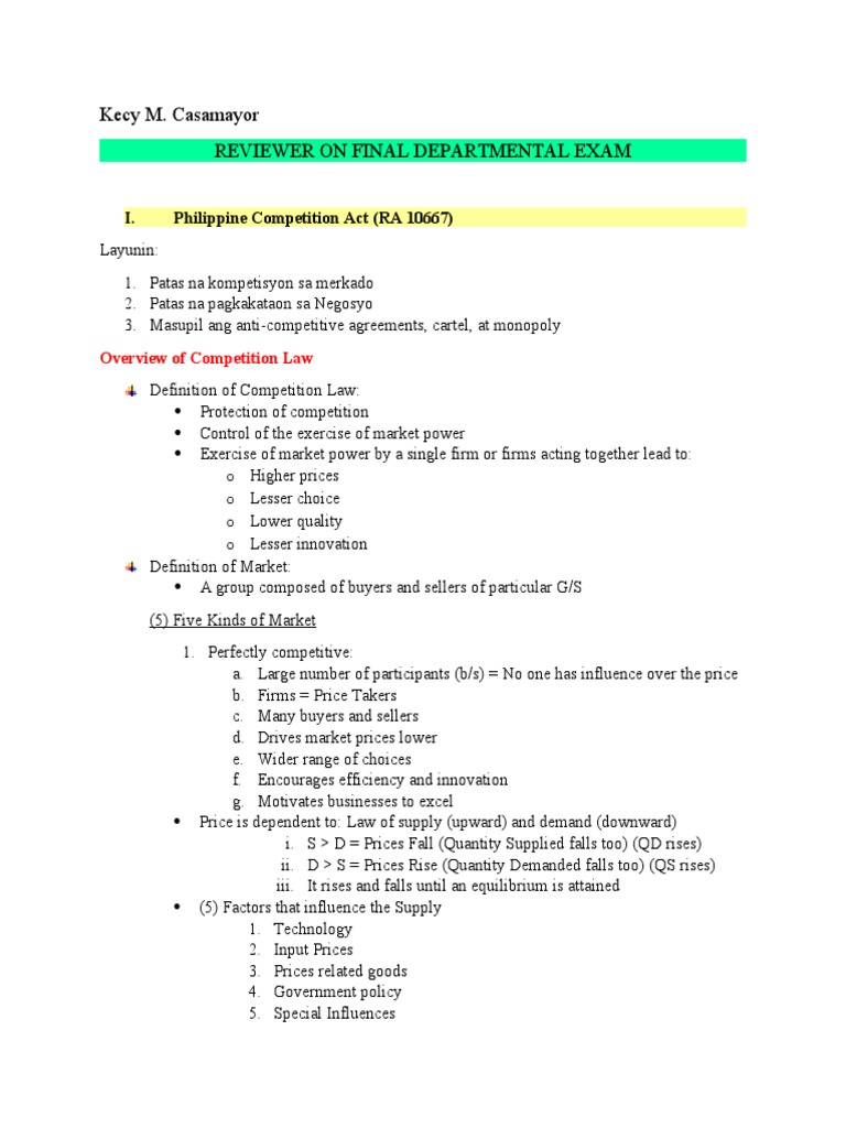 Reviewer On Final Departmental Exam | PDF | Market Power | Monopoly
