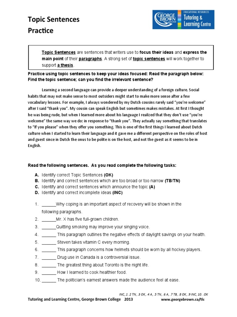 Topic Sentences Practice | PDF | Cognition | Cognitive Science