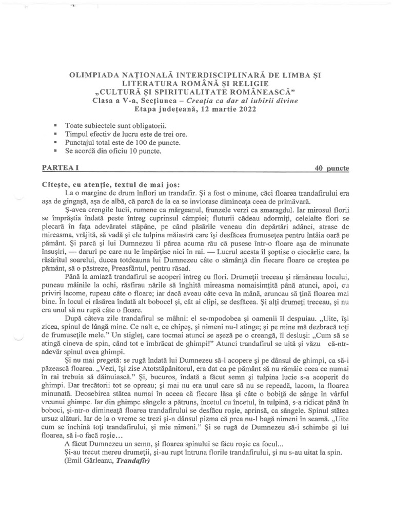 Subiecte Si Bareme Olimpiada Nationala Interdisciplinara de Limba Si Literatura Romana Si ...