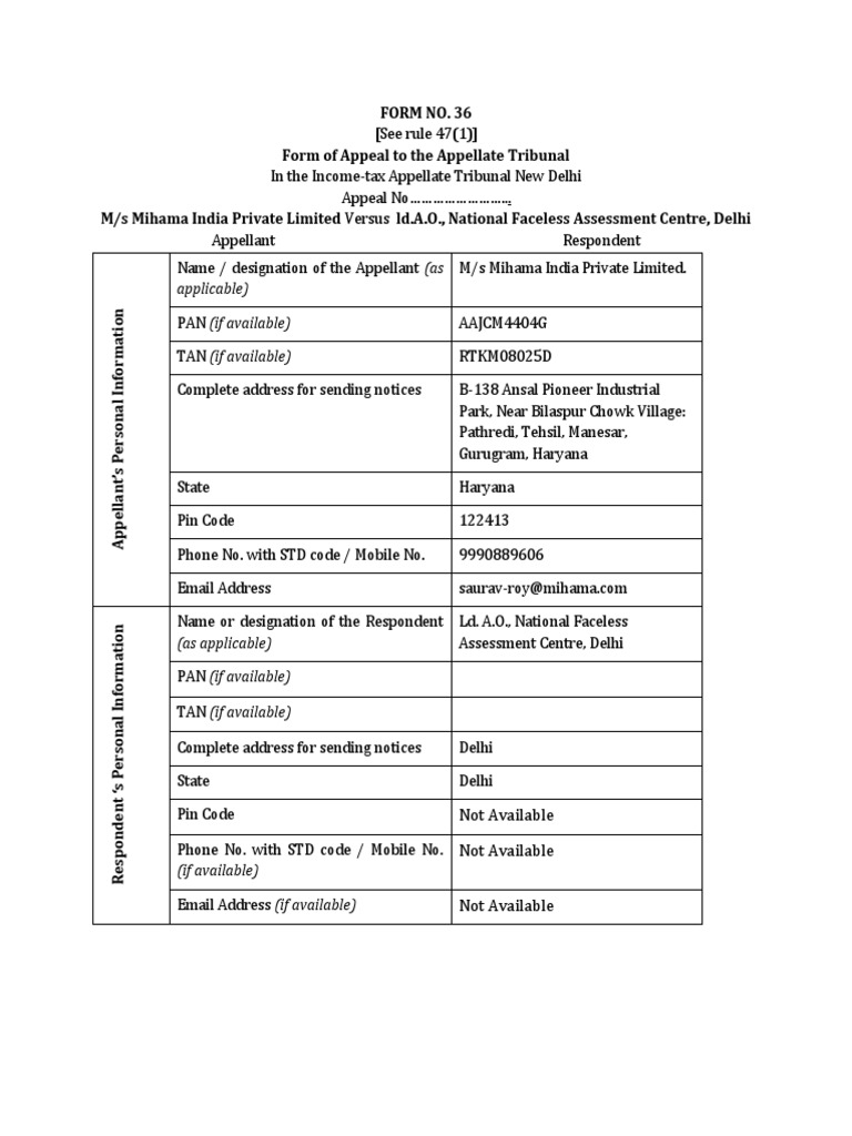 Form No. 36 Form of Appeal To The Appellate Tribunal: Applicable) | PDF ...