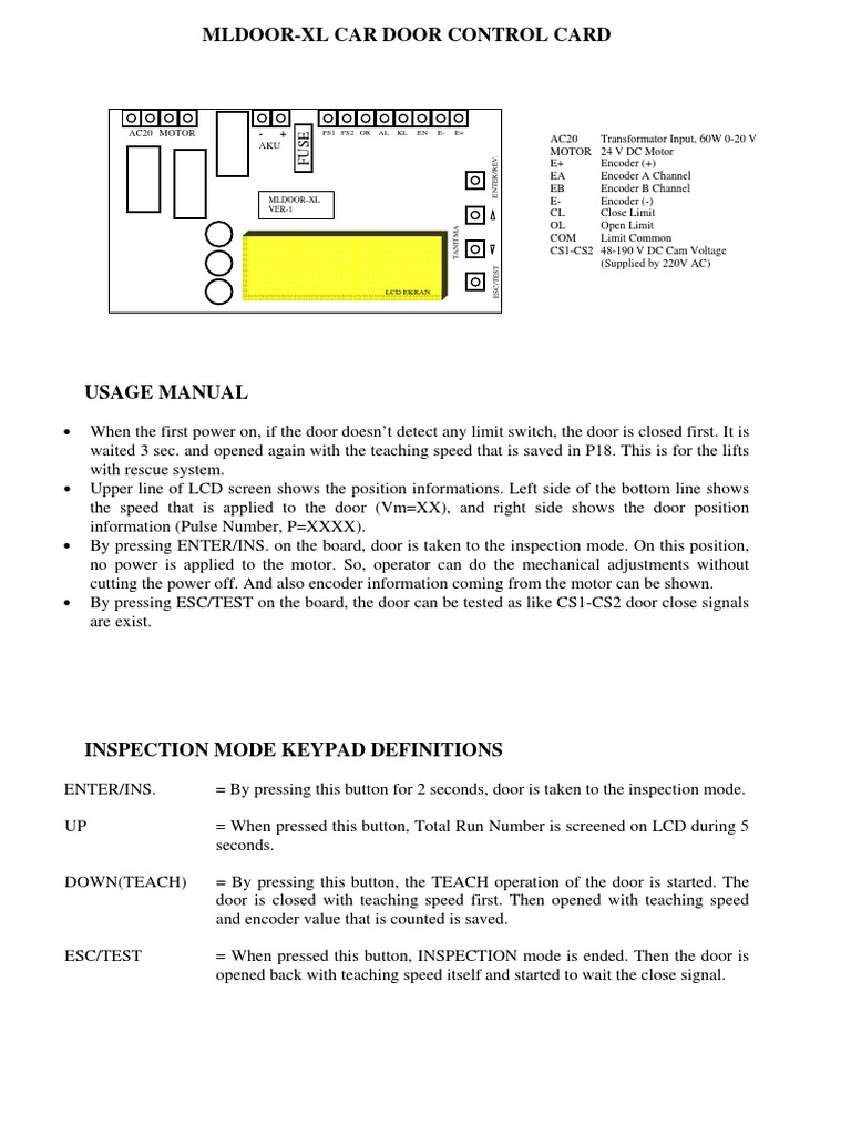 Mldoor-Xl Car Door Control Card: Motor AC20 AKU | PDF | Equipment ...