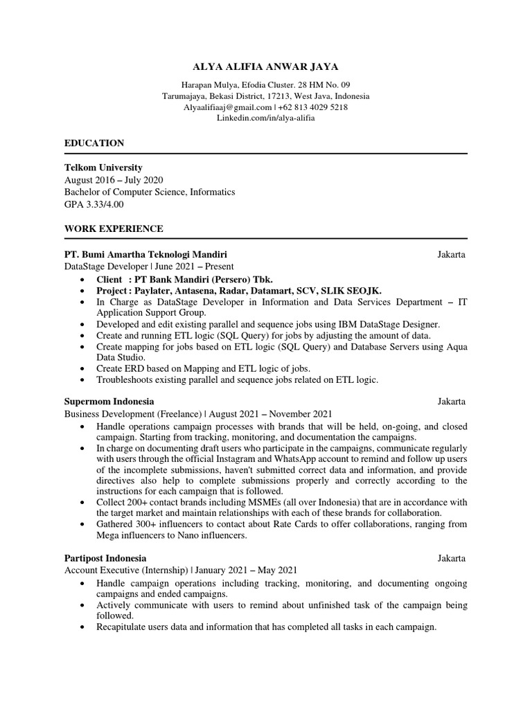 Resume - Alya Alifia Anwar Jaya | PDF | Computing | Information Science