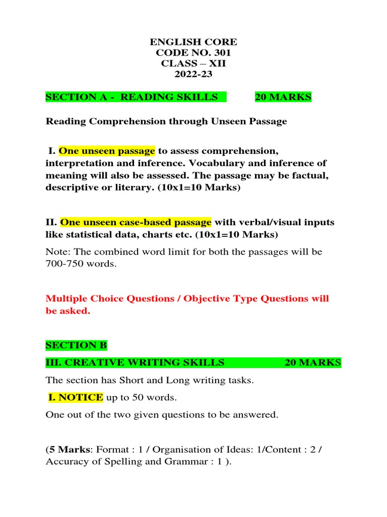 English Core - Pattern of Question Paper | PDF | Reading Comprehension ...
