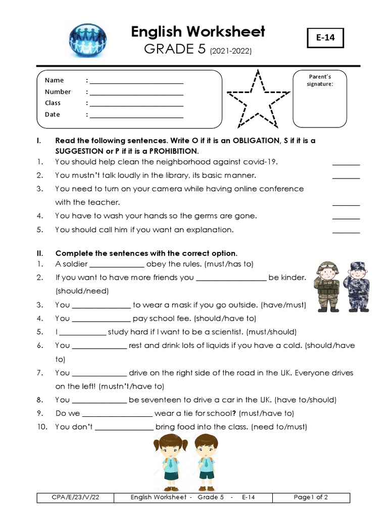 English Worksheet: Grade 5 | PDF
