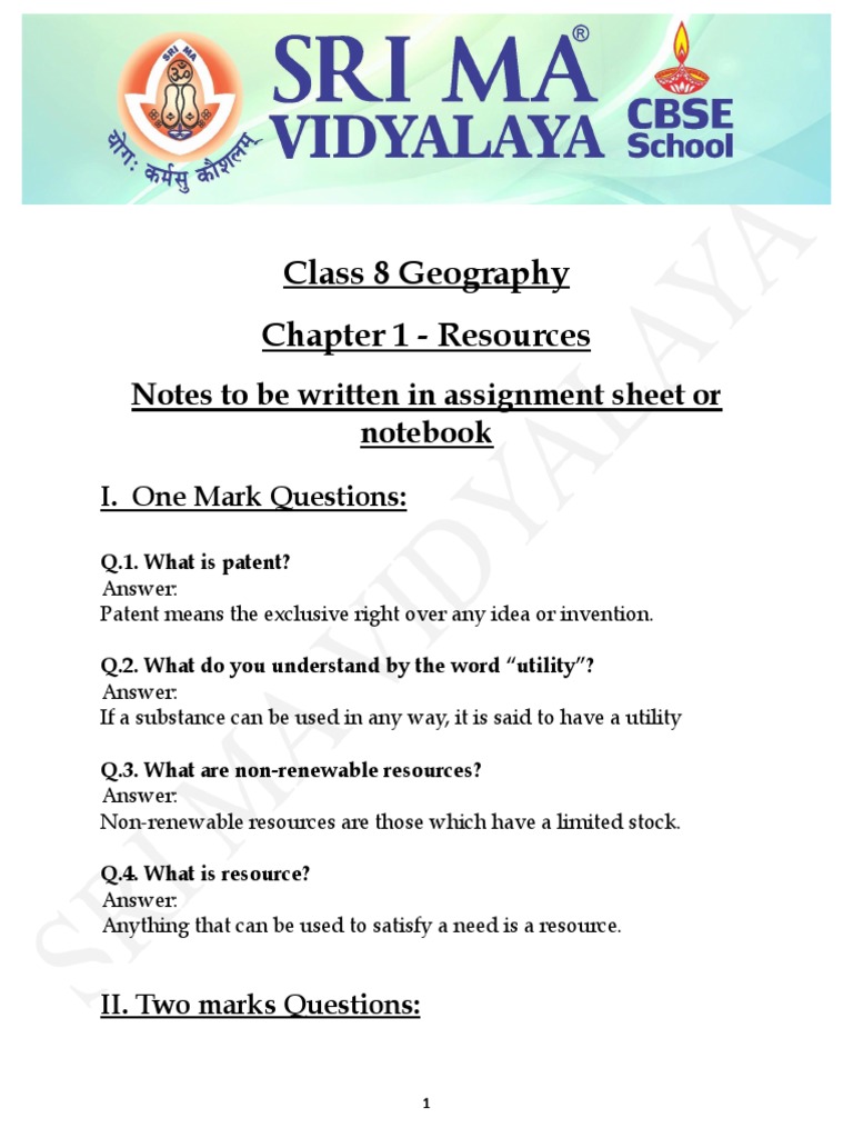 Class 8 Geography Chapter 1 Resources Notes PDF Resource Sustainability