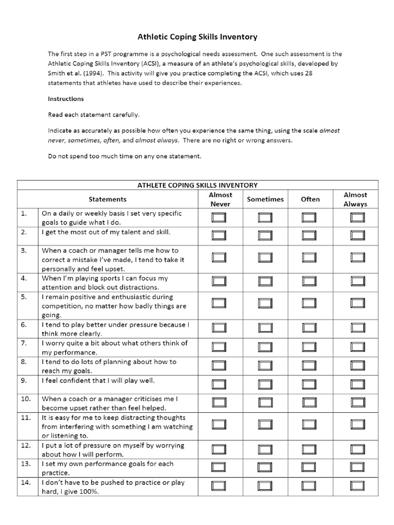 Athletic Coping Skills Inventory With Scoring System | PDF