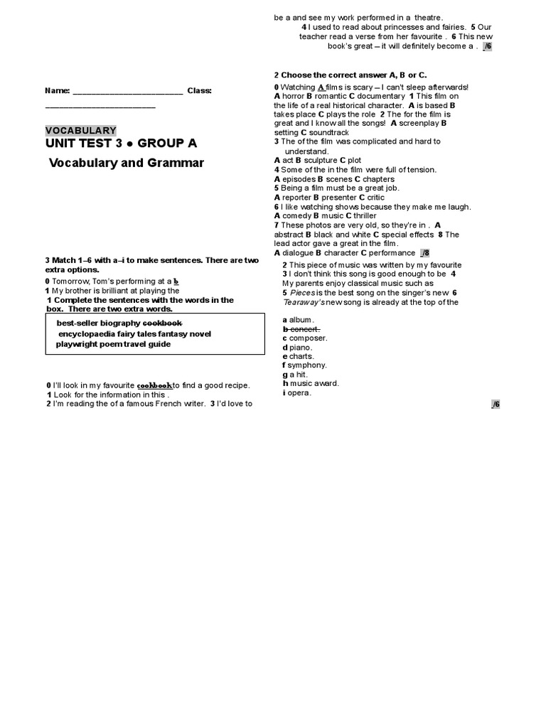 Unit Test 3 Group A Vocabulary and Grammar | PDF