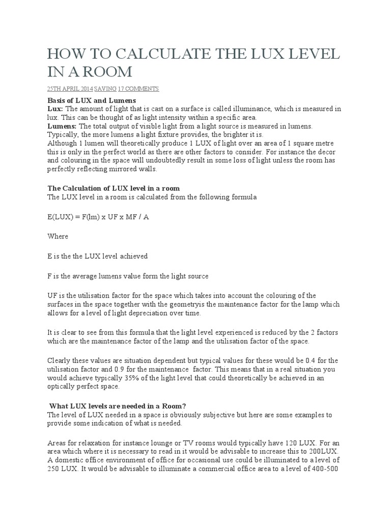 How To Calculate The Lux Level in A Room | PDF | Light Emitting Diode ...