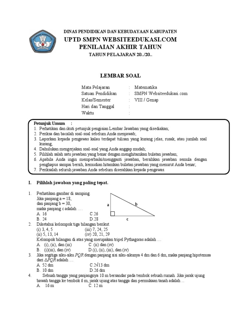Soal PAT MTK Kelas VIII | PDF