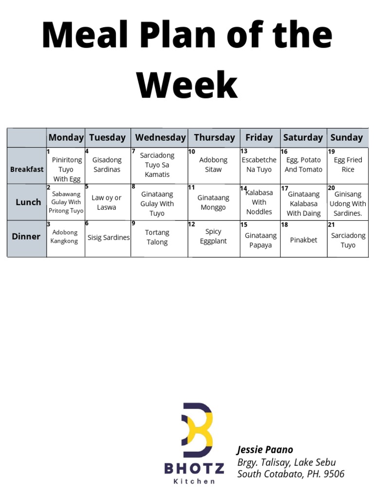 Weekly Filipino Meal Plan | PDF | Foods | Regional & Ethnic Food