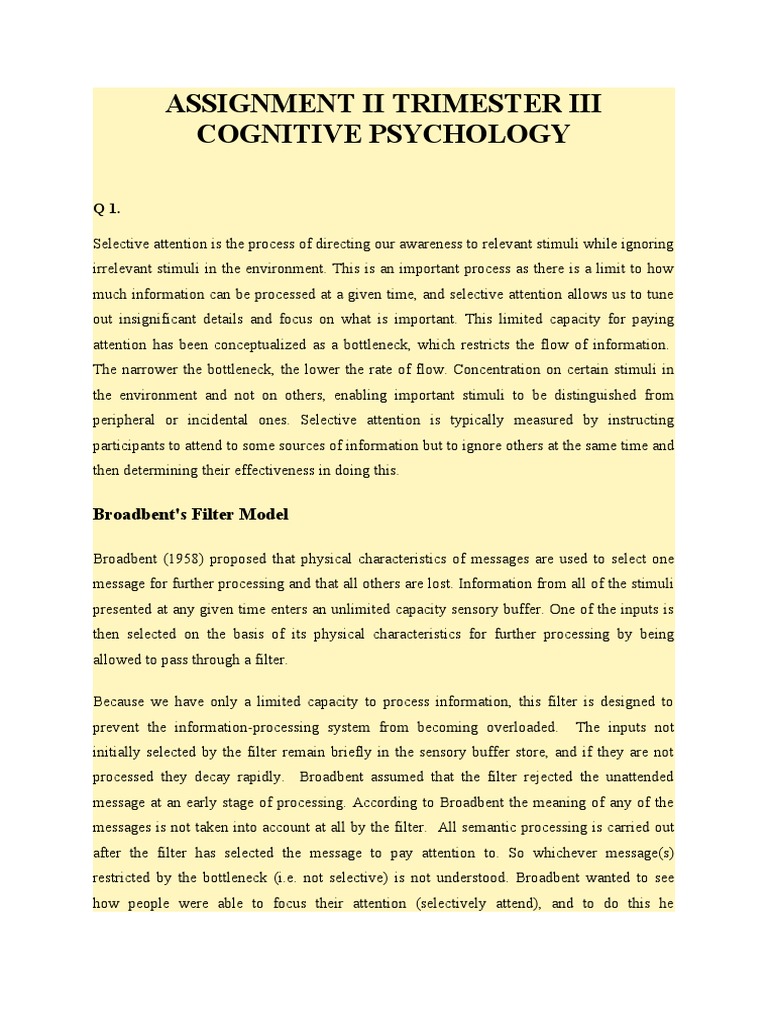 Assignment Ii Trimester Iii Cognitive Psychology: Broadbent's Filter ...