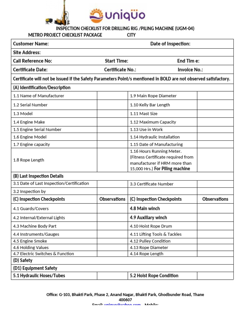 (UGM04) Drilling Rig and Piling Machine DigitalChecklist | PDF | Rope ...