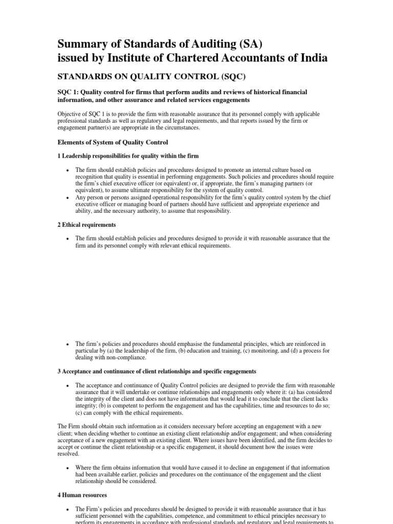 Summary of Standards of Auditing (SA) Issued by Institute of Chartered ...