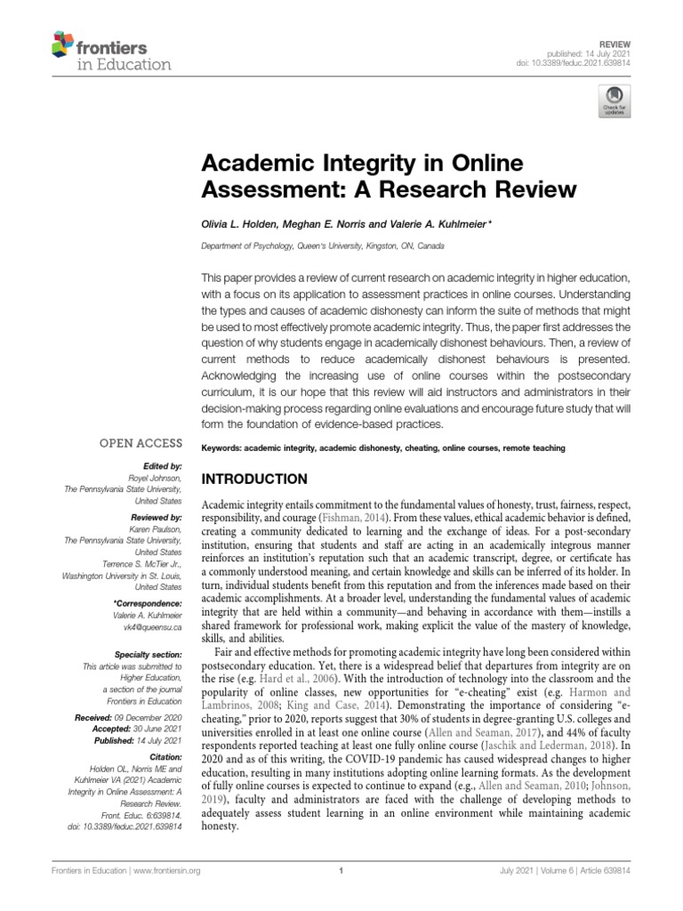 Academic Integrity in Online Assessment: A Research Review: Olivia L ...