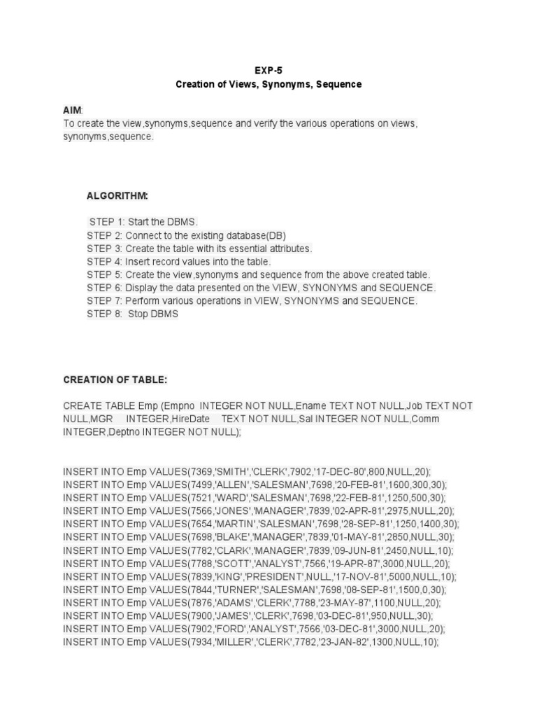 EXP-5 Creation of Views, Synonyms, Sequence | PDF | Databases | Computer Programming