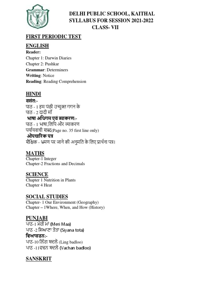 Syllabus of Class-VII (2021-22) | PDF | Languages | Foreign Language ...