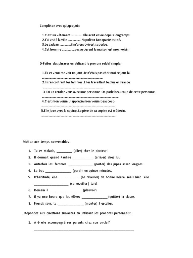 French Pronom Relatif Worksheet Grade 9 | PDF