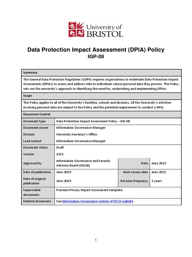 Data Protection Impact Assessment Policy | PDF | Risk | Information Privacy