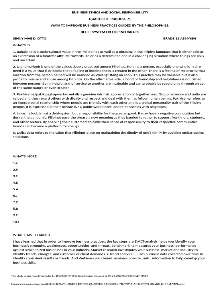 Filipino Values in Business Ethics | PDF | Psychology | Psychological ...