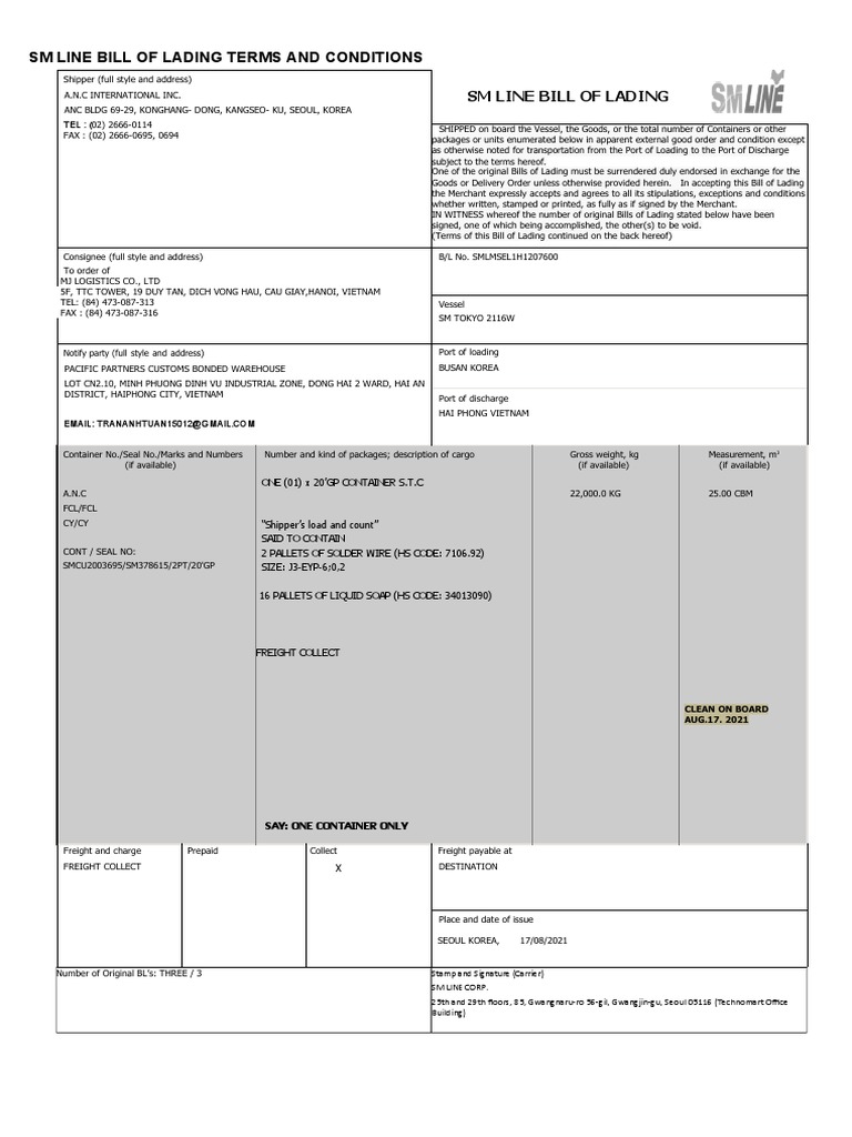 SM Line Bill of Lading Terms and Conditions SM Line Bill of Lading ...