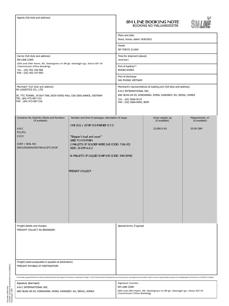 Booking Note | Download Free PDF | Bill Of Lading | Common Carrier