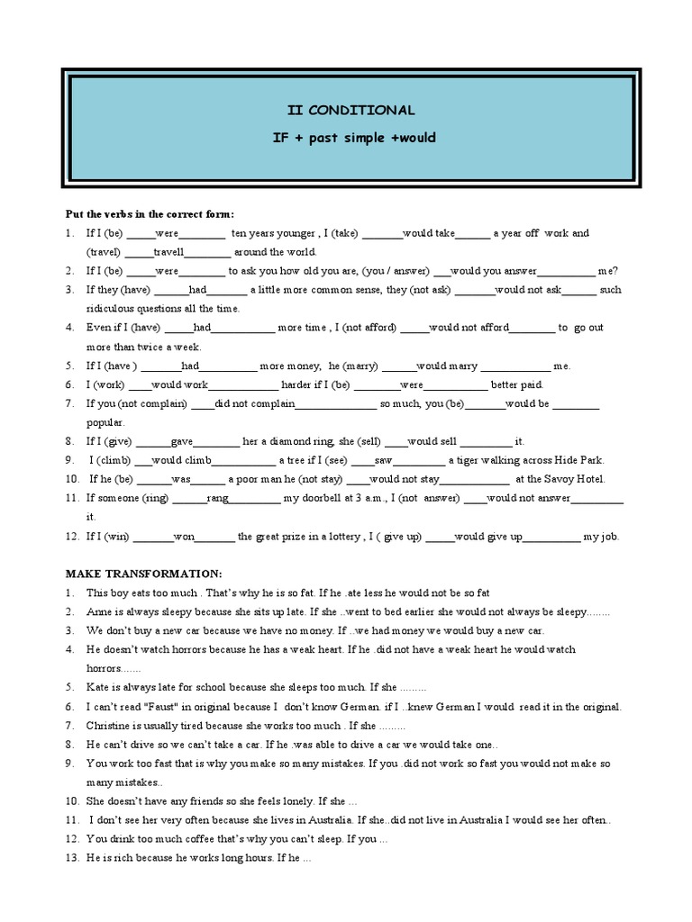 Ii Conditional IF + Past Simple +would: Put The Verbs in The Correct ...