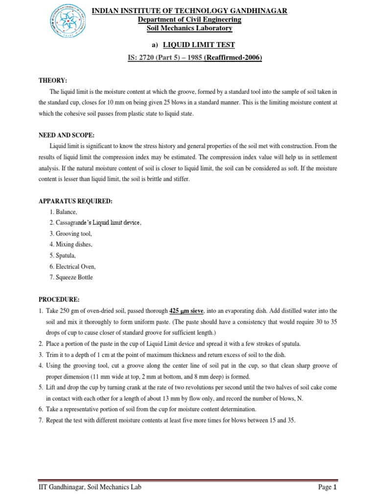 IS: 2720 (Part 5) : Liquid Limit Test | PDF | Earth Sciences | Chemistry