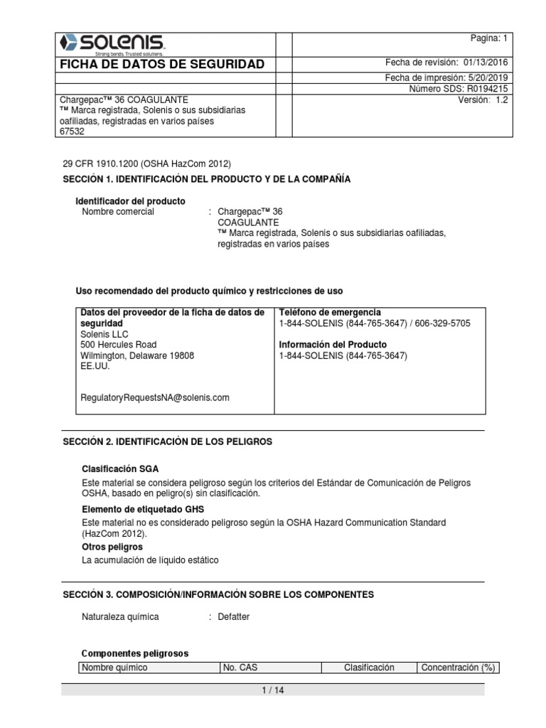Chargepac™ 36 COAGULANT SOLENIS | PDF | Agua | Toxicidad