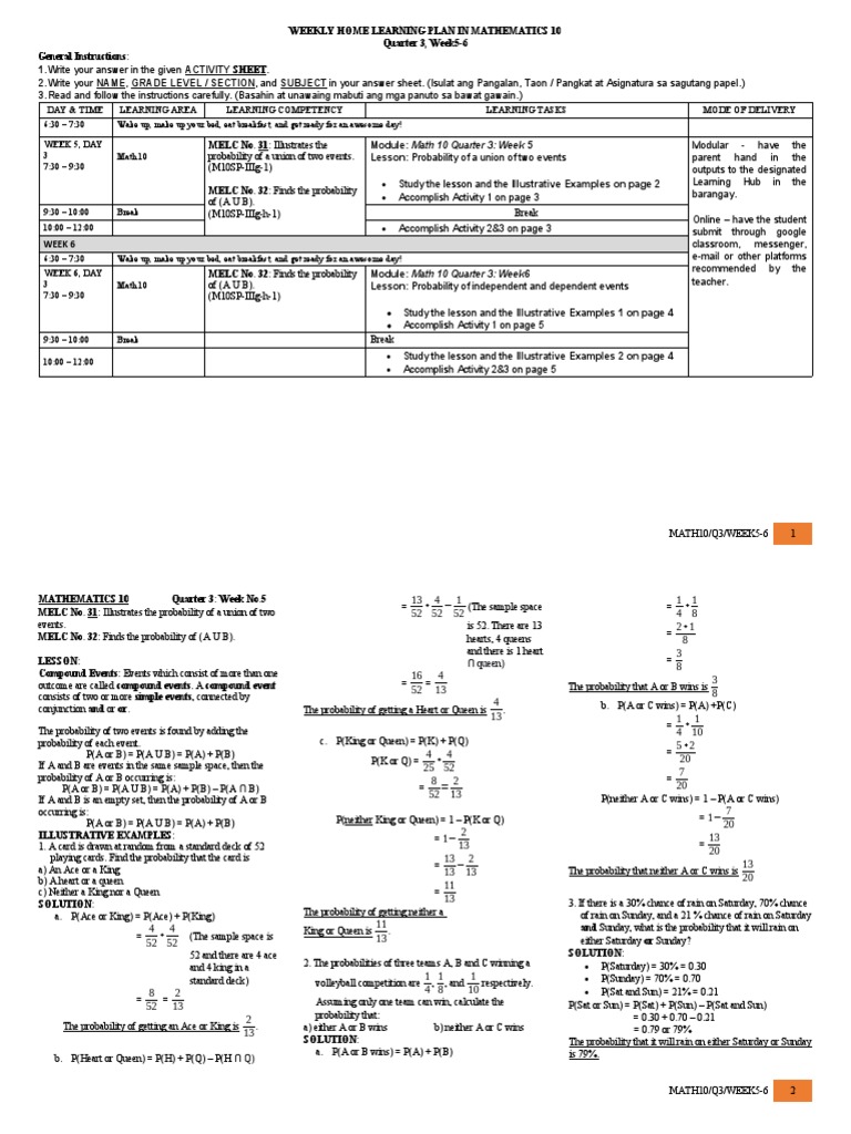Day & Time Learning Area Learning Competency Learning Tasks Mode of ...