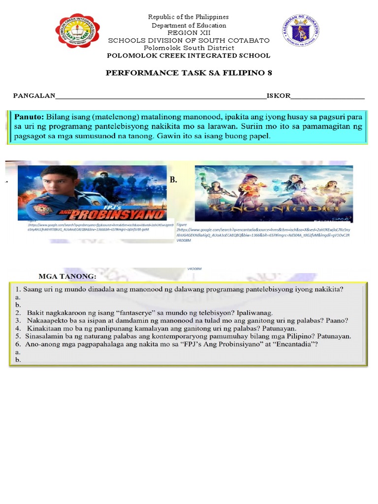Performance Task Sa Filipino 8: Polomolok Creek Integrated School | PDF