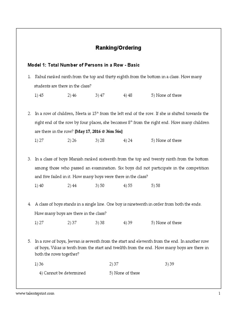 Ranking/Ordering: Model 1: Total Number of Persons in A Row - Basic | PDF