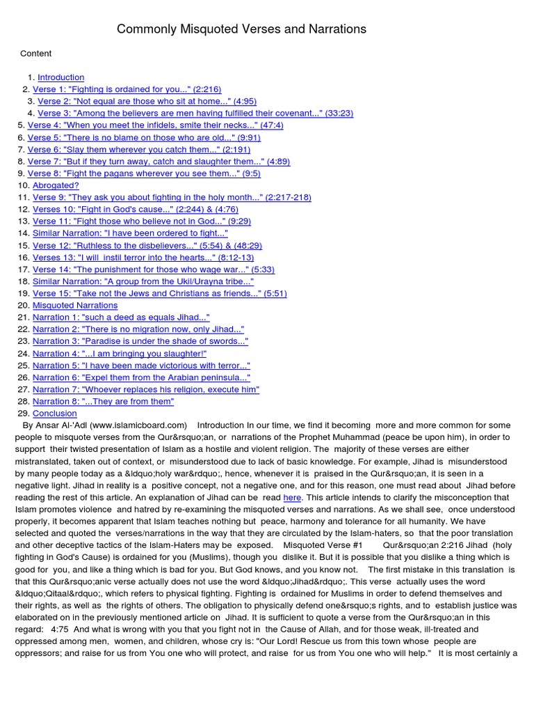 Violent Verses in The Quran and Their Context | PDF | Jihad | Quran