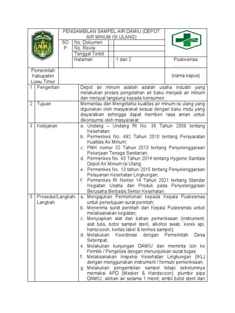 SOP Pengambilan Sampel Air DAMIU | PDF