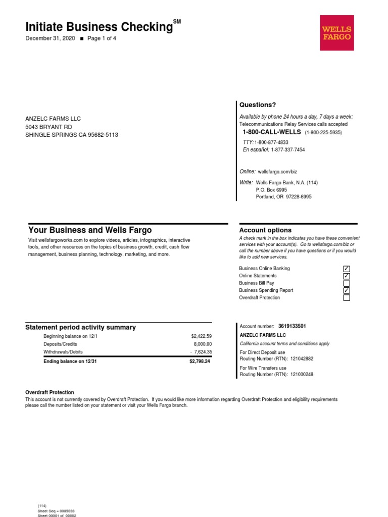 Initiate Business Checking: Your Business and Wells Fargo | PDF ...