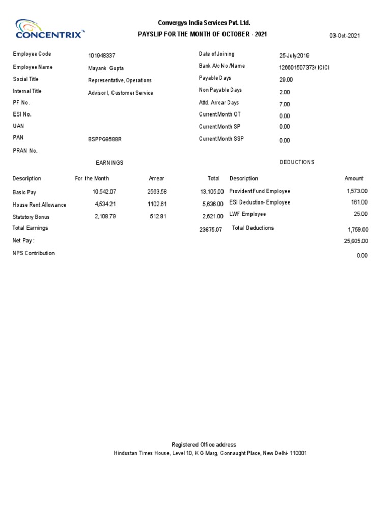 Convergys India Services Pvt. Ltd. Payslip For The Month of October ...