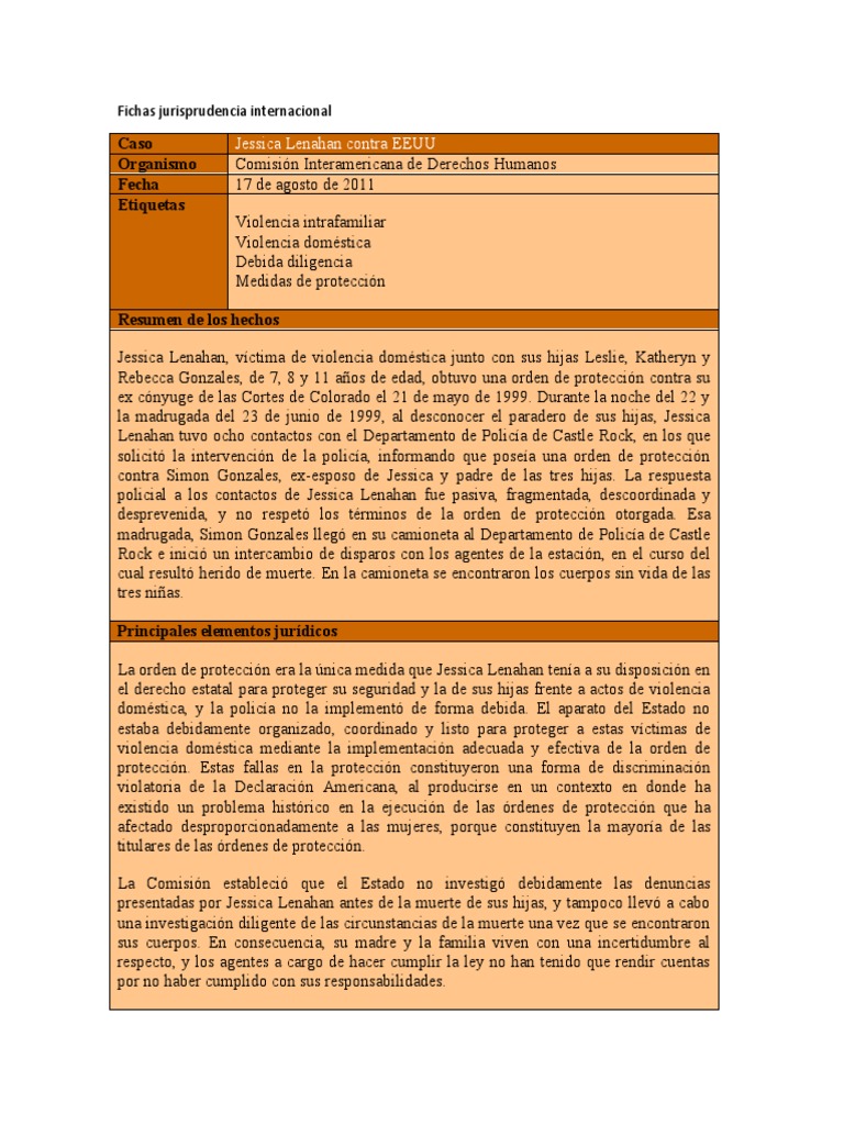 Comisión IDH - Caso Jessica Lenahan y Otros Contra Estados Unidos | PDF ...