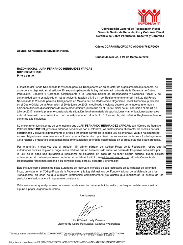 Constancia Situacion Fiscal No Adeudo Infonavit PDF | PDF | Gobierno