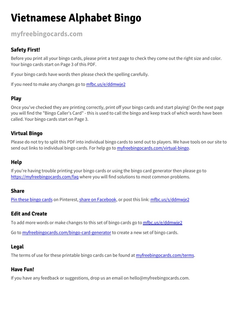 Vietnamese Alphabet Bingo Cards | PDF | Gambling Games