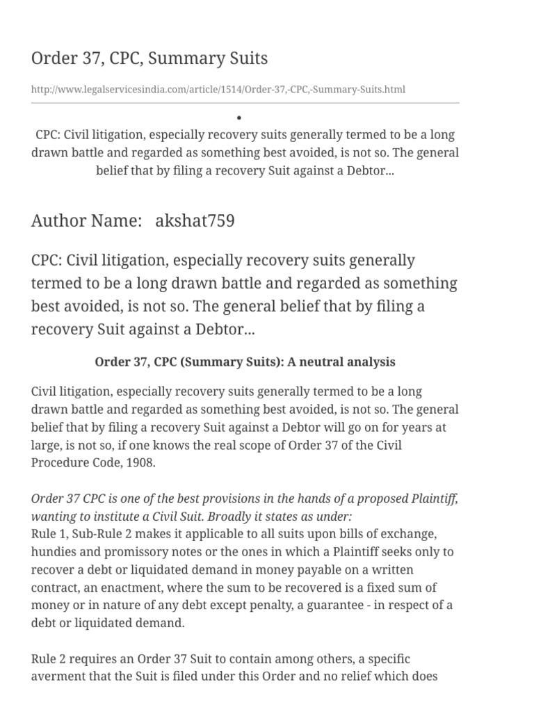 CPC Order 37 Summary Suits Guide | PDF | Lawsuit | Judgment (Law)