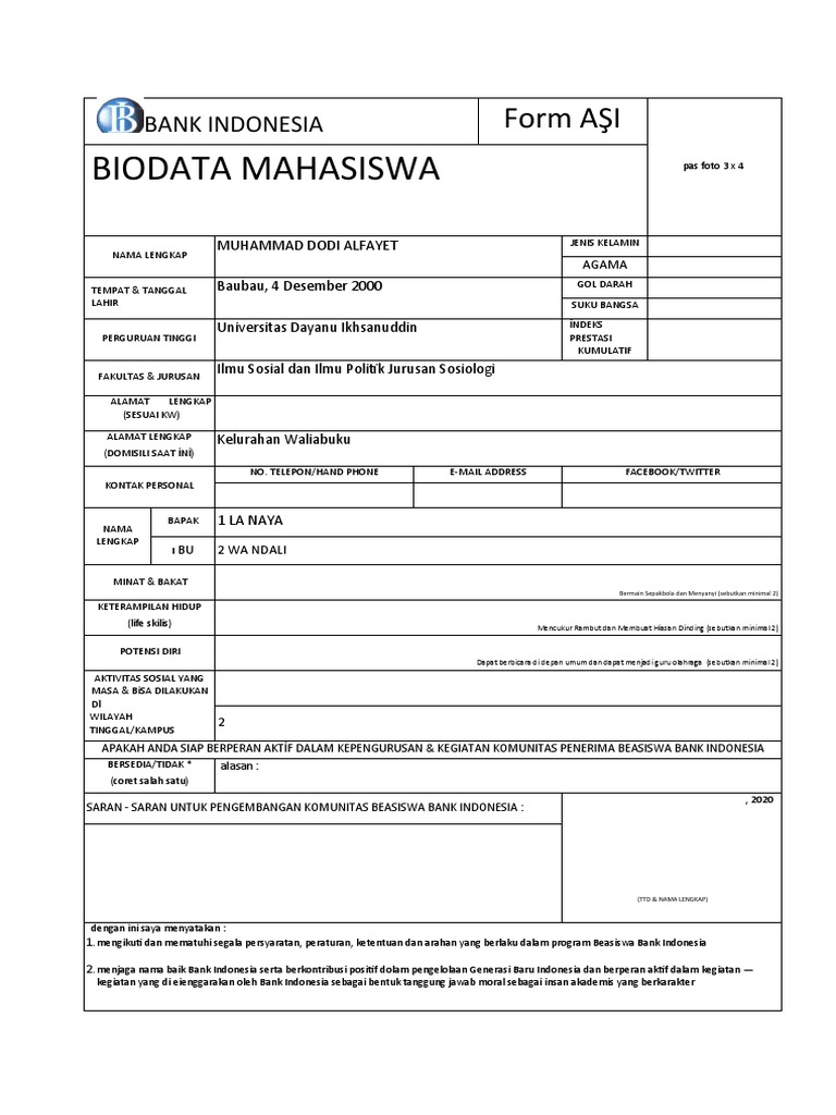 Formulir Beasiswa Bank Indonesia | PDF