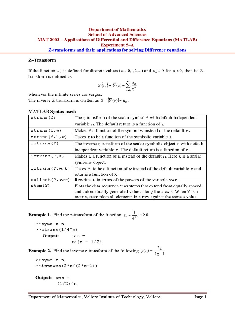 Z-Transforms and Their Applications For Solving Difference Equations | Download Free PDF ...