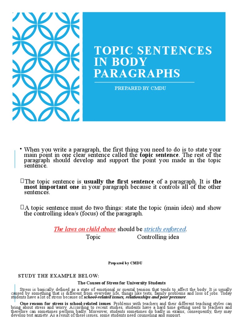 Topic Sentences in Body Paragraphs | PDF | Teachers | Stress (Biology)