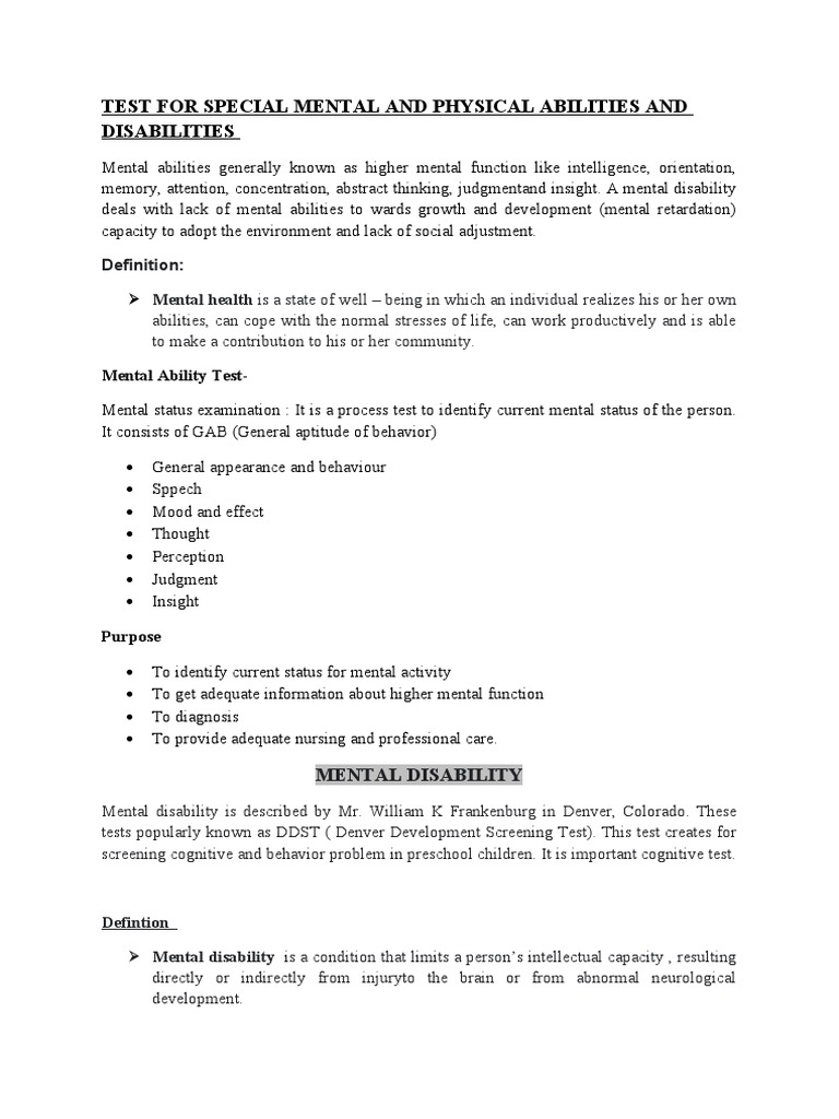 Test For Special Mental and Physical Abilities and Disabilities | PDF ...