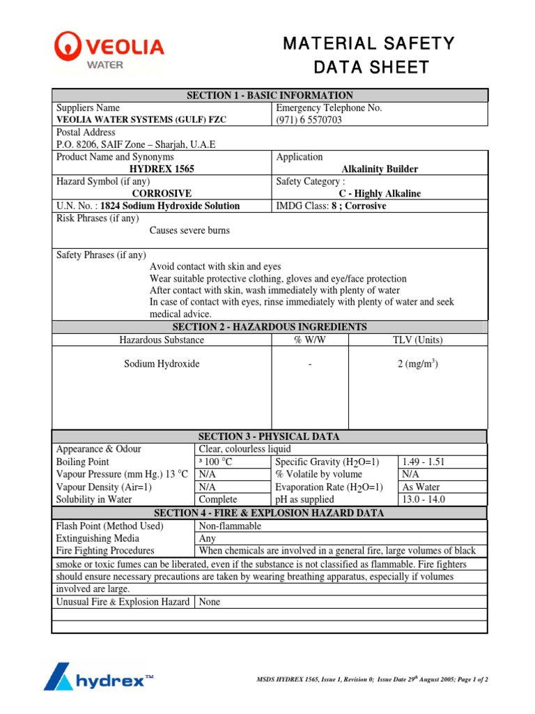 Material Safety Data Sheet: Section 1 - Basic Information | PDF | Water ...