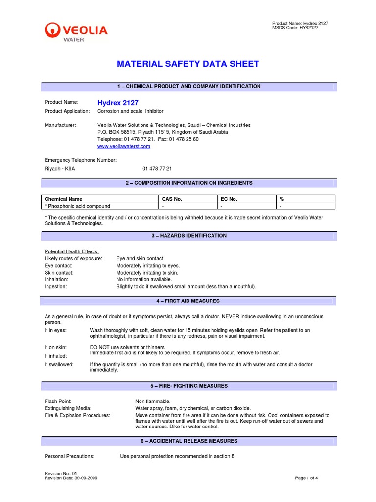 Material Safety Data Sheet: Hydrex 2127 | PDF | Dangerous Goods | Chemistry