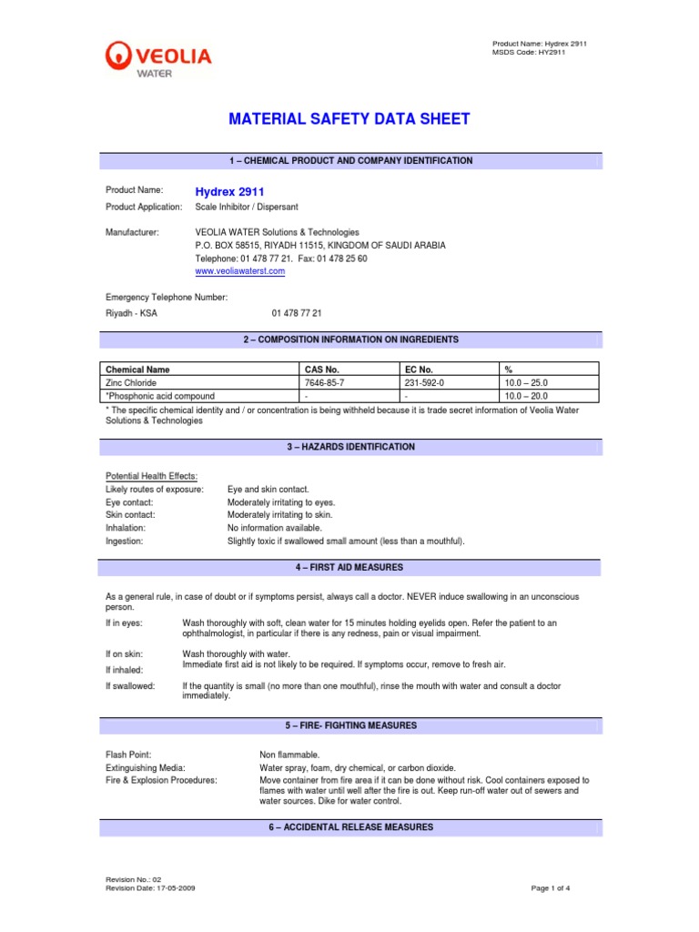 Material Safety Data Sheet: Hydrex 2911 | PDF | Dangerous Goods | Carbon Dioxide