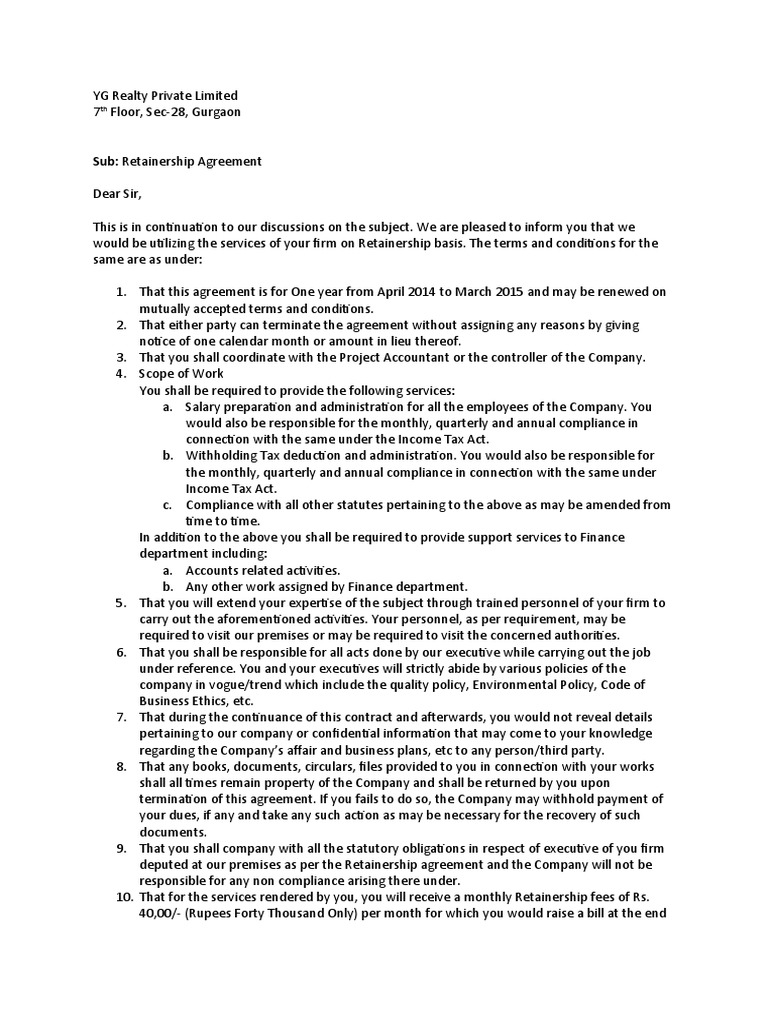 Retainership Agreement Format | PDF | Taxes | Income Tax