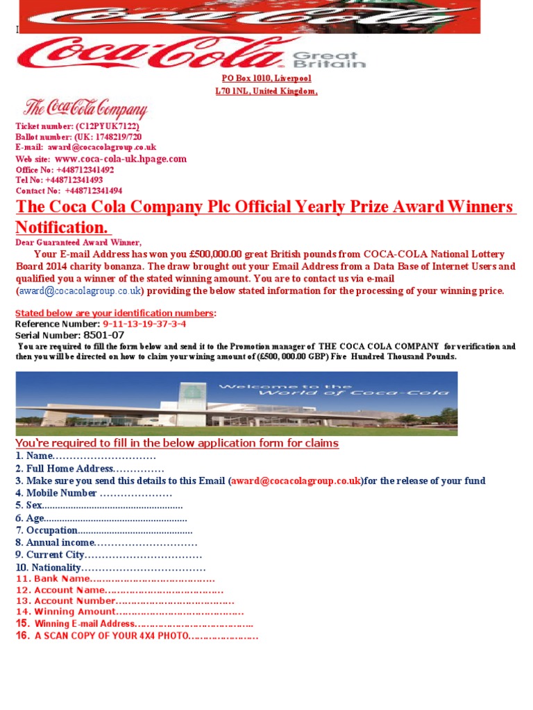 The Coca Cola Company PLC Official Yearly Prize Award Winners ...