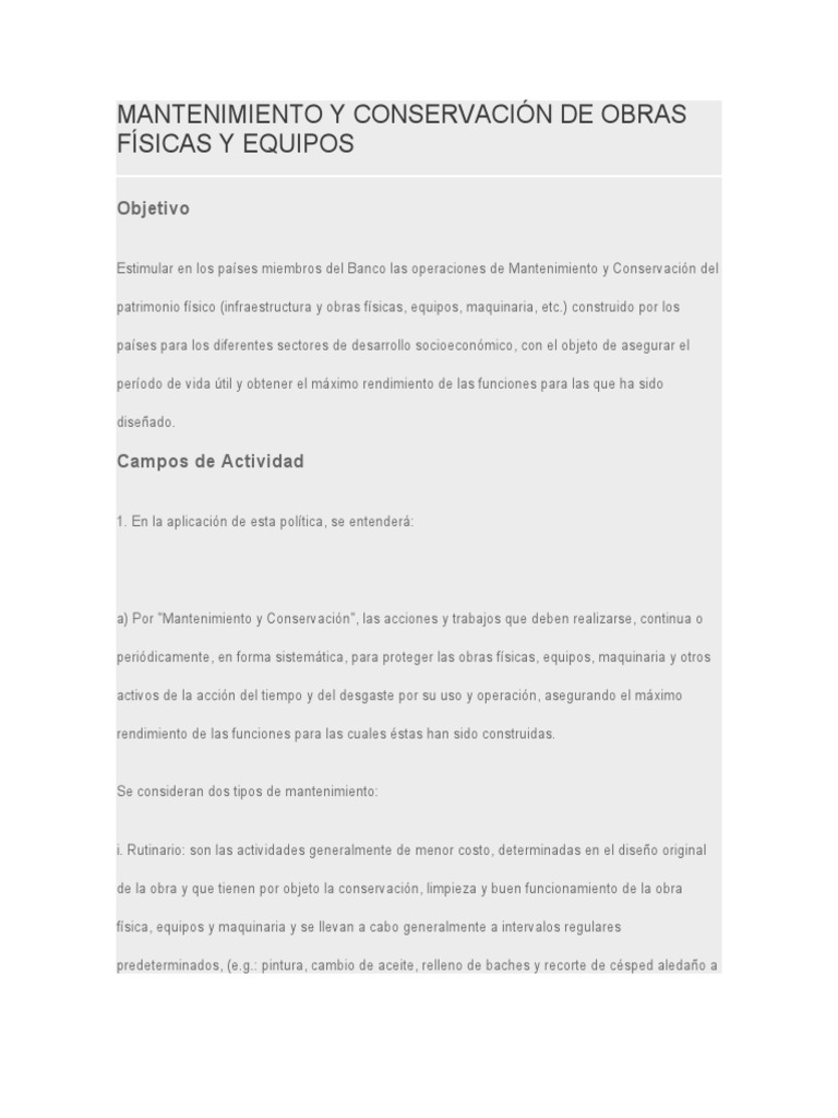 Mantenimiento y Conservación de Obras Físicas y Equipos | PDF ...